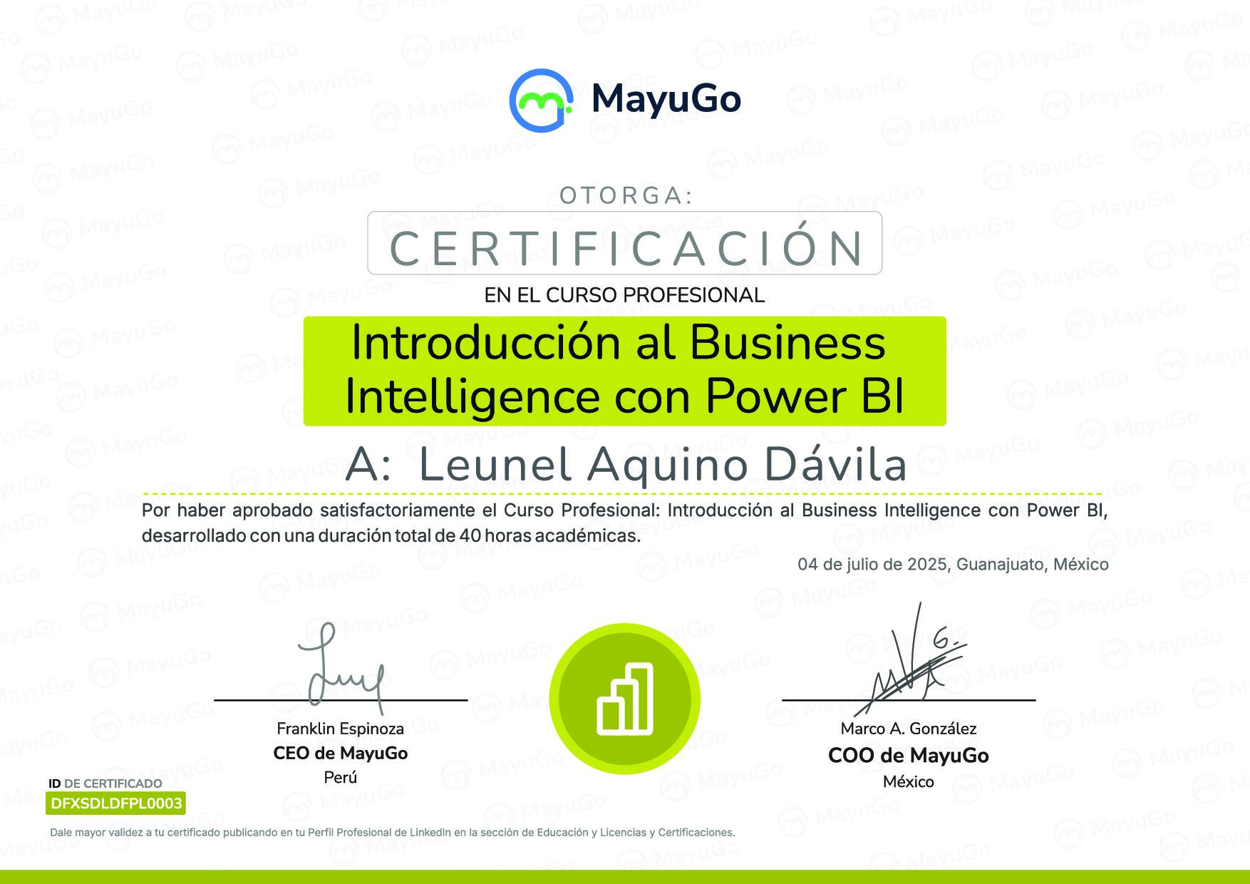 Perfil de Leunel en MayuGo | Certificación en Introducción al Business Intelligence con Power BI