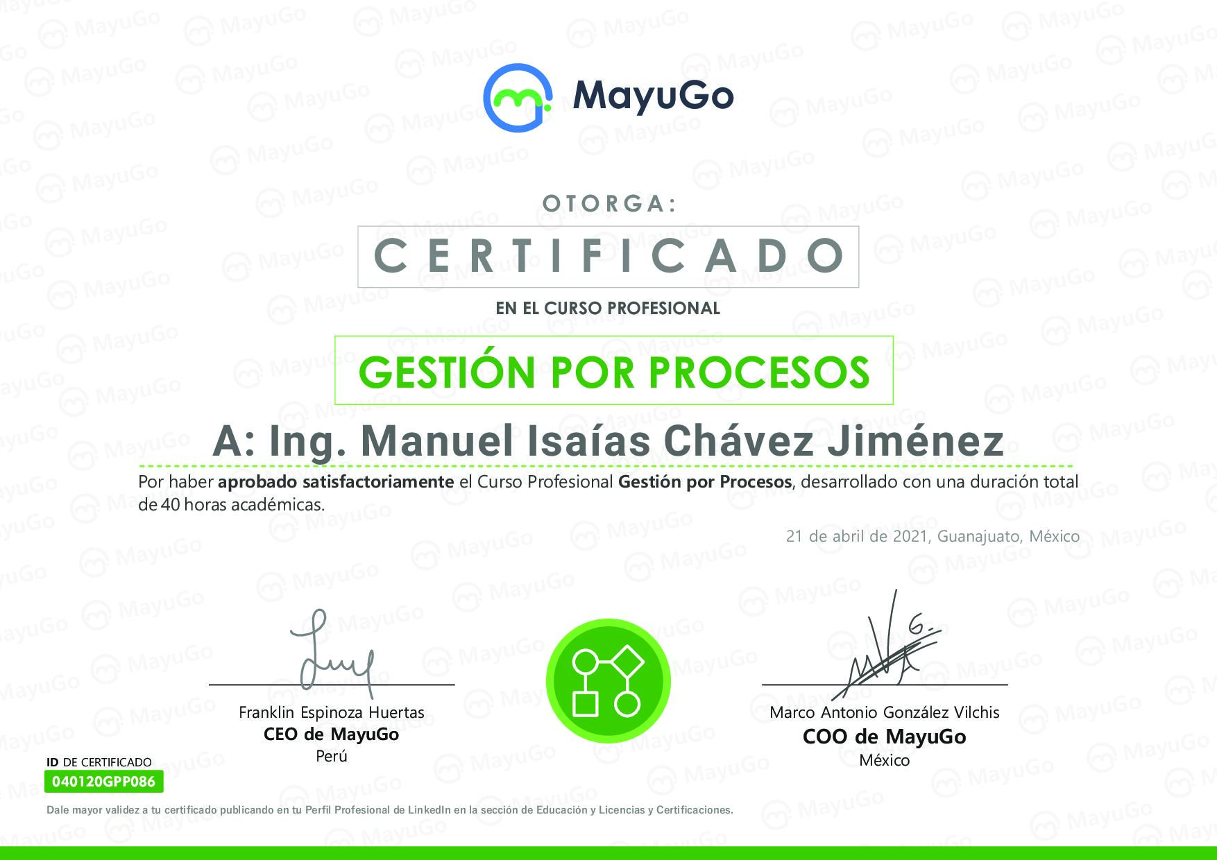 Perfil de Manuel Isaías en MayuGo | Certificación en Gestión por procesos
